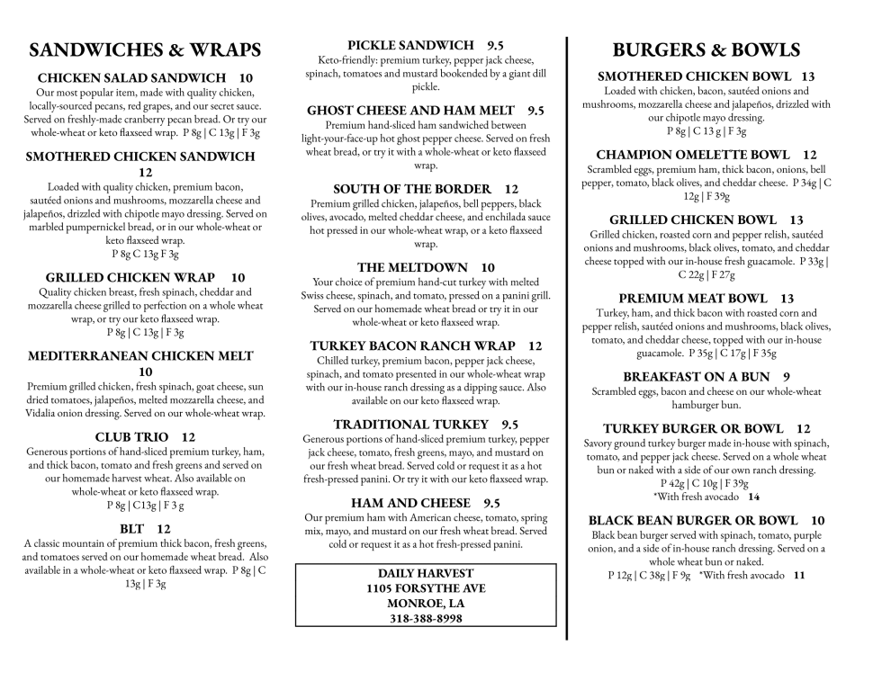 Daily Menu - Daily Harvest Deli & Bakery