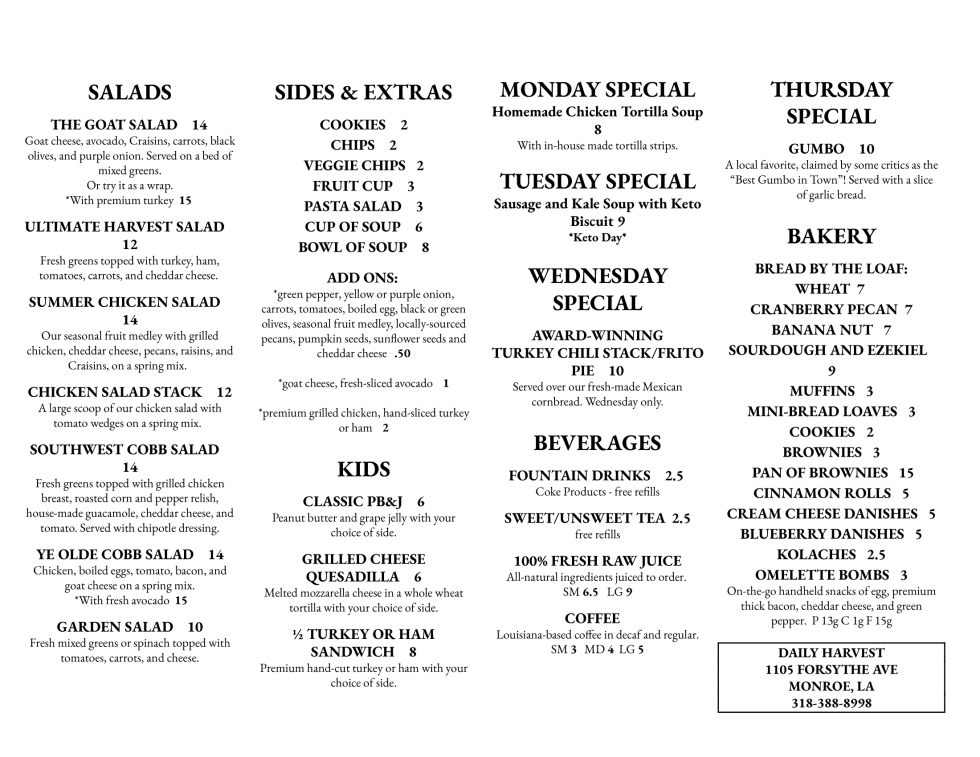 Daily Menu - Daily Harvest Deli & Bakery
